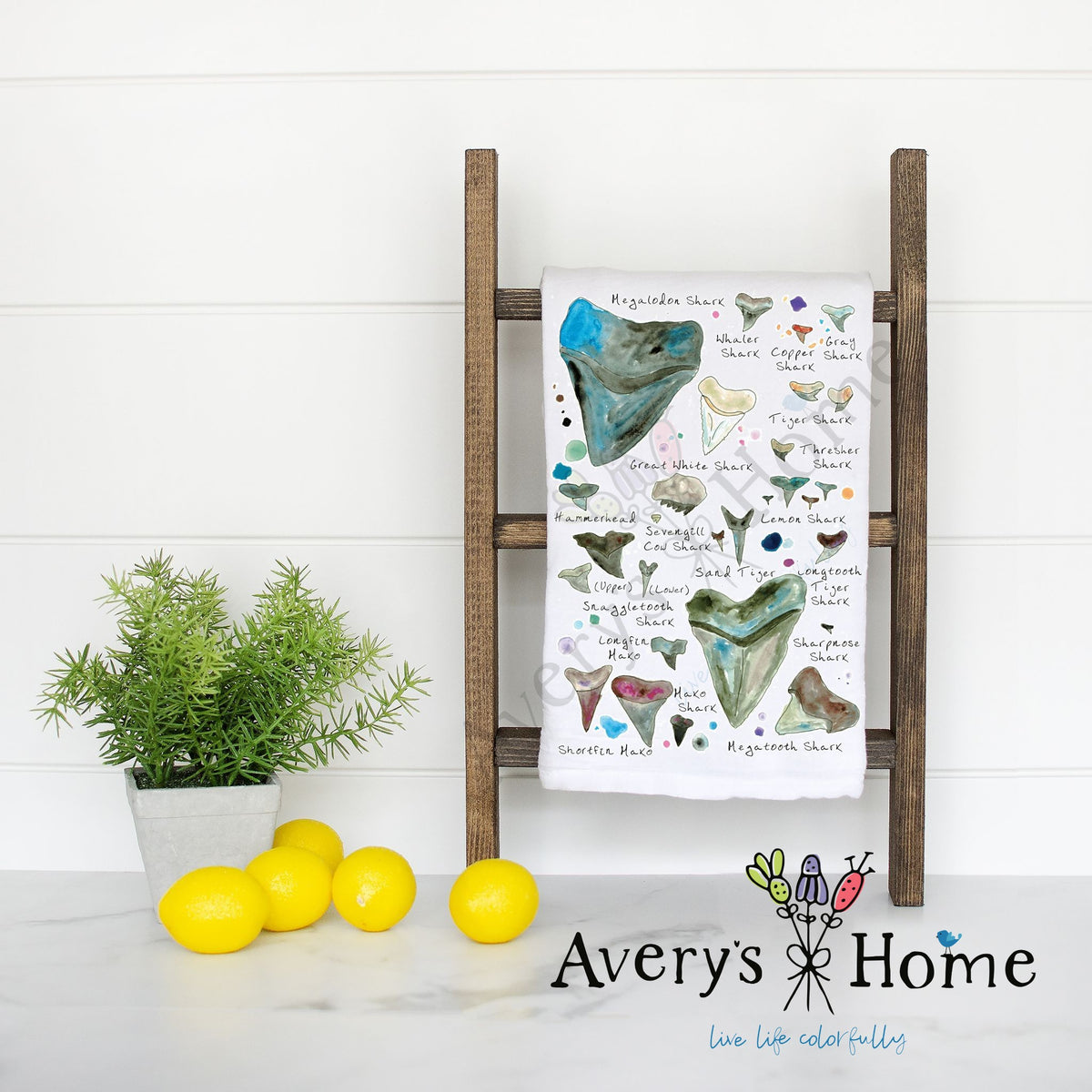 Shark Tooth Names Artisan Watercolor Floursack Kitchen Tea Towel ...